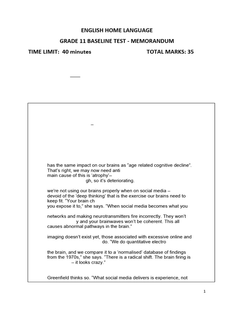 Grade 11 English Baseline Test Memo | PDF | Poetry | Brain