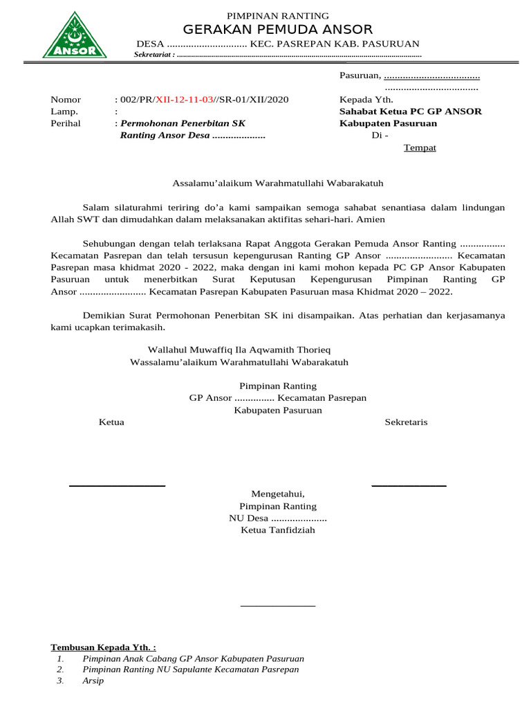 Surat Permohonan Penerbitan SK Ranting | PDF