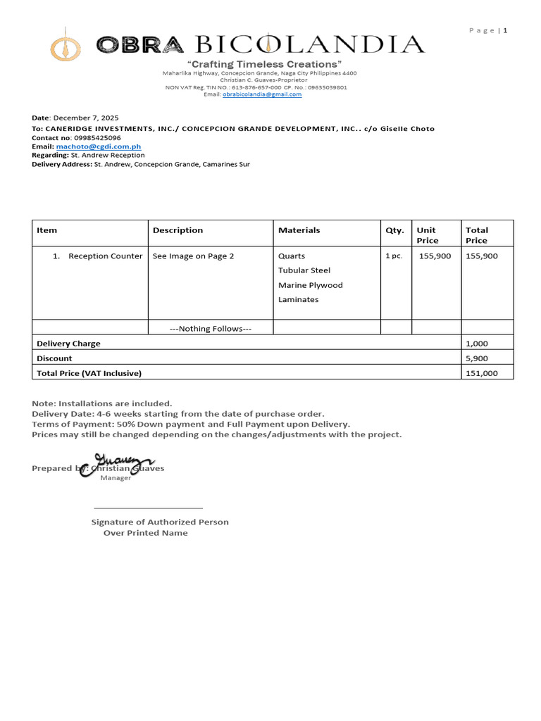 Quotation Caneridge Investments Inc. (Reception) Updated | PDF