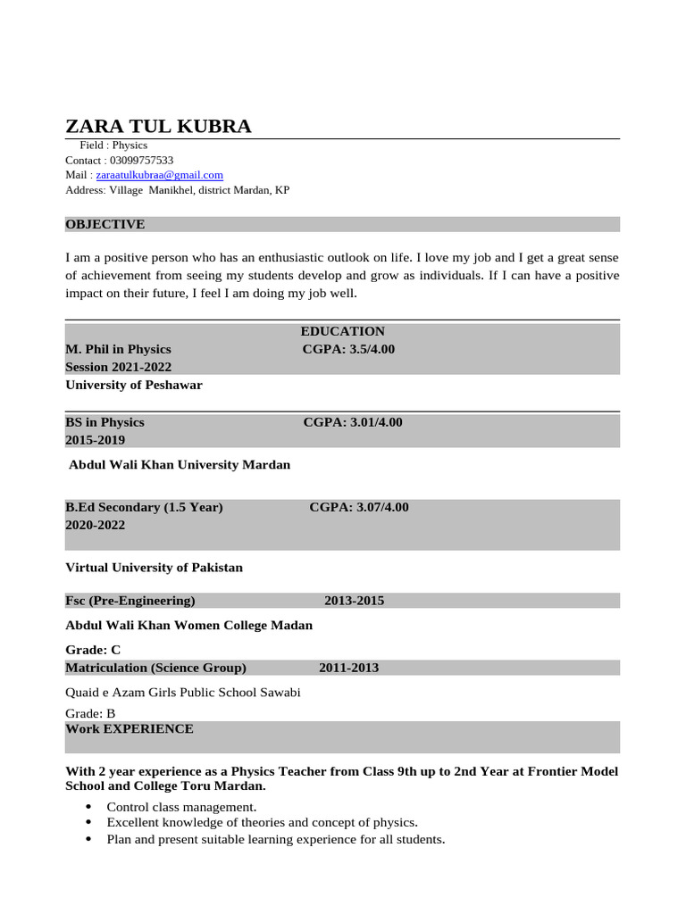 Zara Tul Kubra CV | PDF