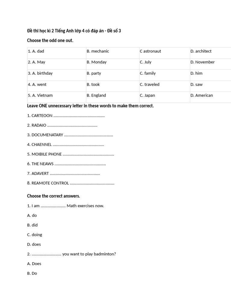 Bài tập tiếng Anh lớp 4 Hk2-3 | PDF