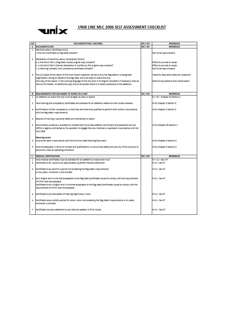 Unix MLC Checklist (BSS P&i Guide) | PDF | Occupational Safety And ...
