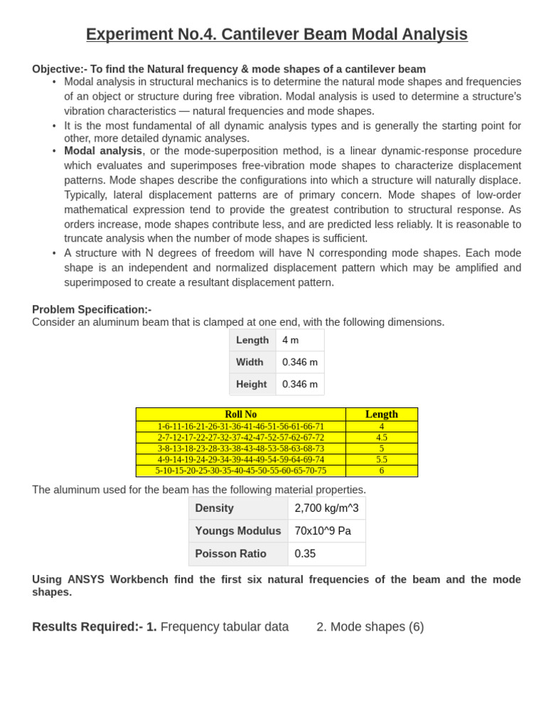 Exp. 4 Modal Analysis of Cantilever beam | PDF | Normal Mode | Bending