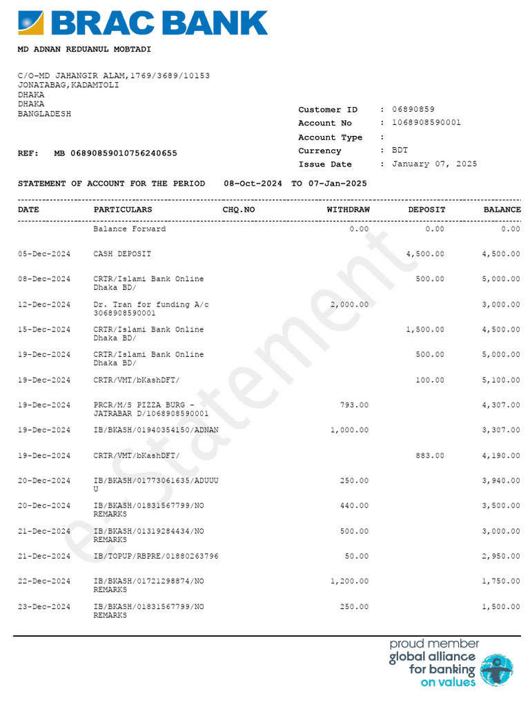 BRAC Bank Statement 07012025 | PDF | Banking | Payments