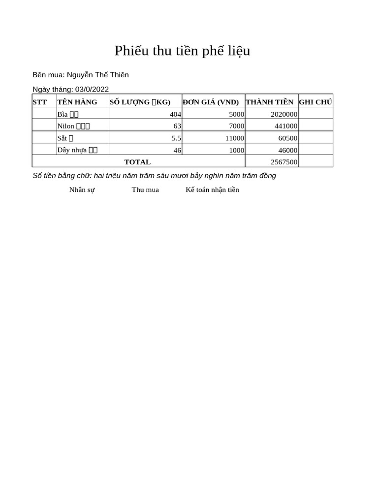 phieu thu phế liệu | PDF