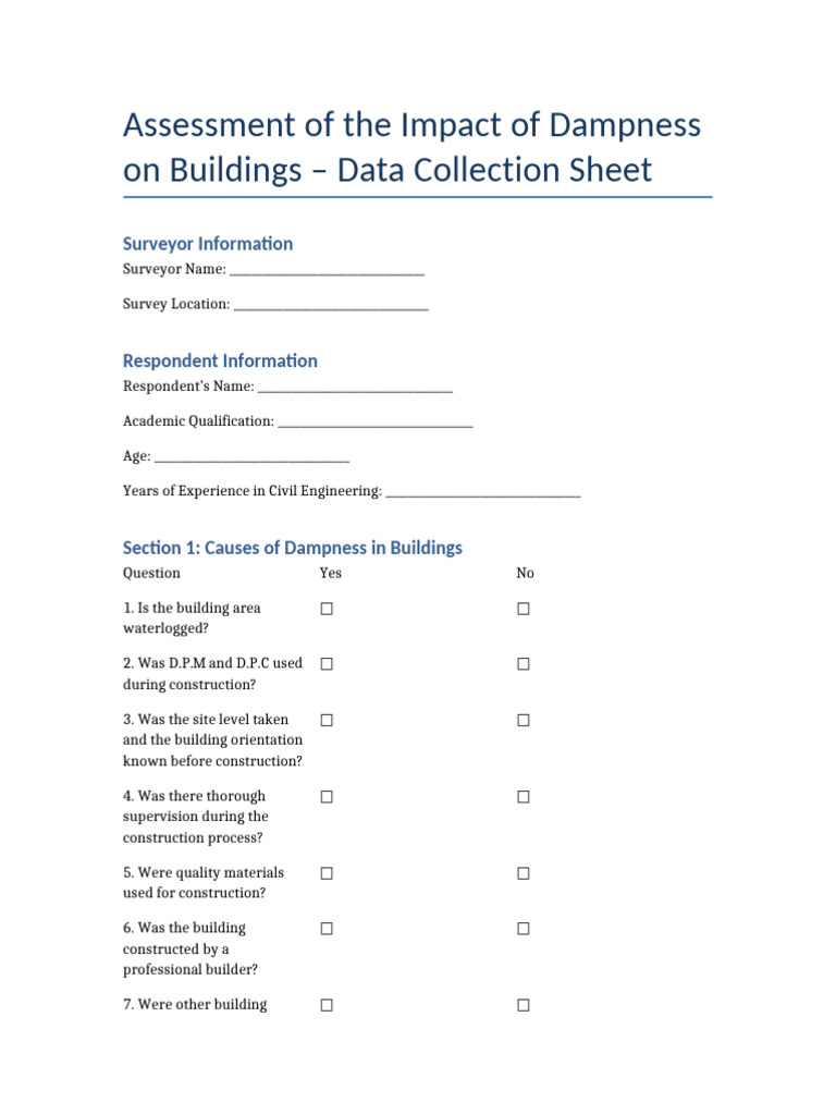 Dampness Survey Data Collection Sheet | PDF | Materials | Building Technology
