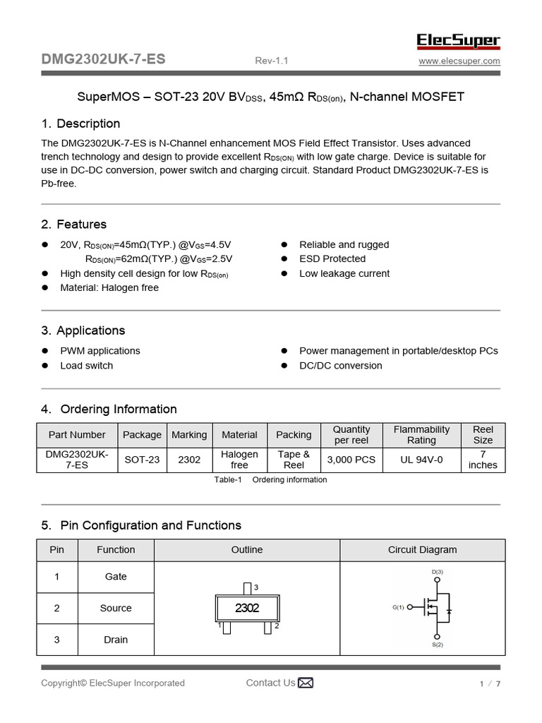 ElecSuper DMG2302UK 7 ES - C5224188 | PDF | Field Effect Transistor ...