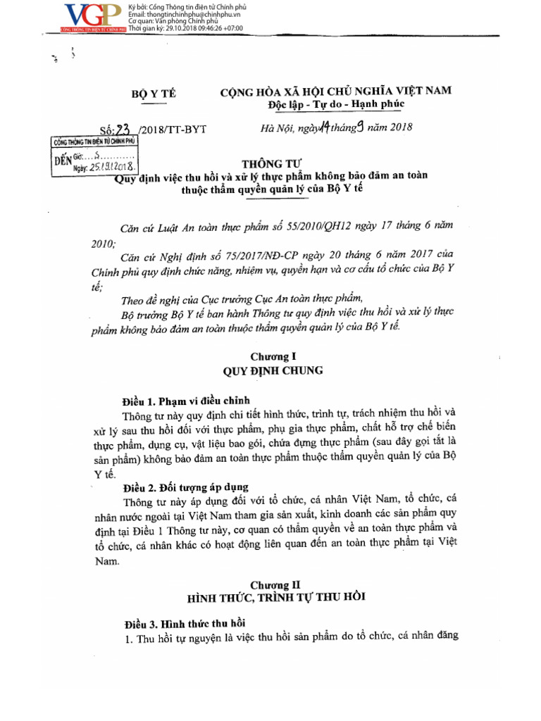 23-2018-tt-byt.signed (Trình tự thu hồi sản phẩm không đảm bảo an toàn thực phẩm) | PDF