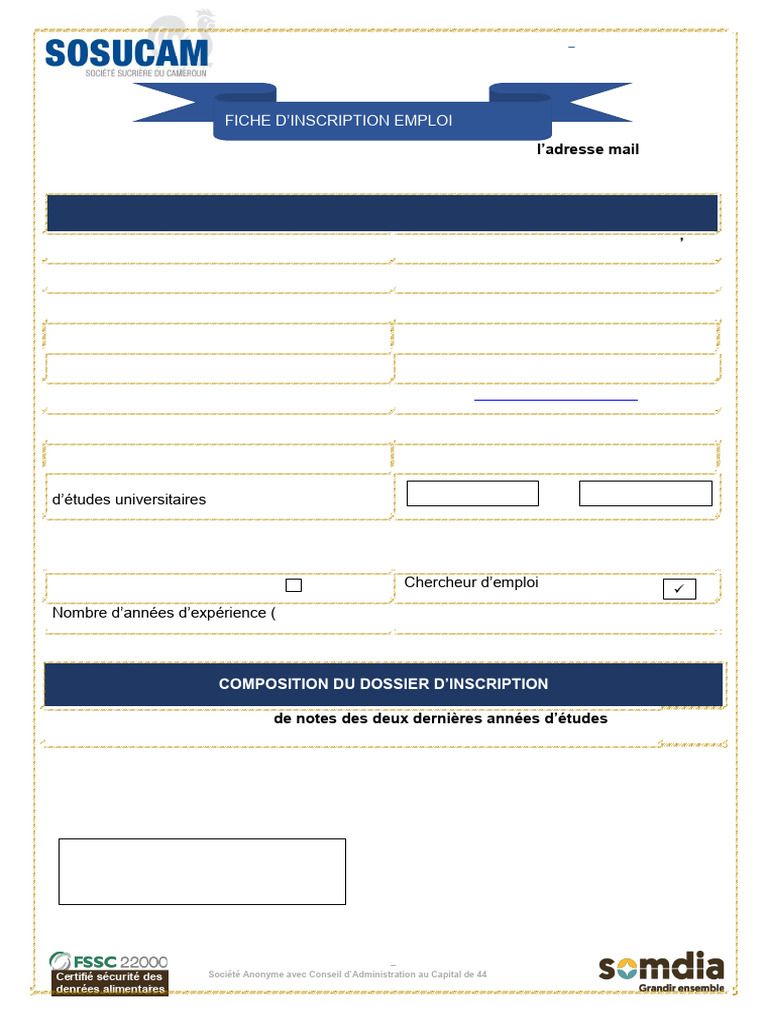Fiche d'inscription emploi SOSUCAM | PDF