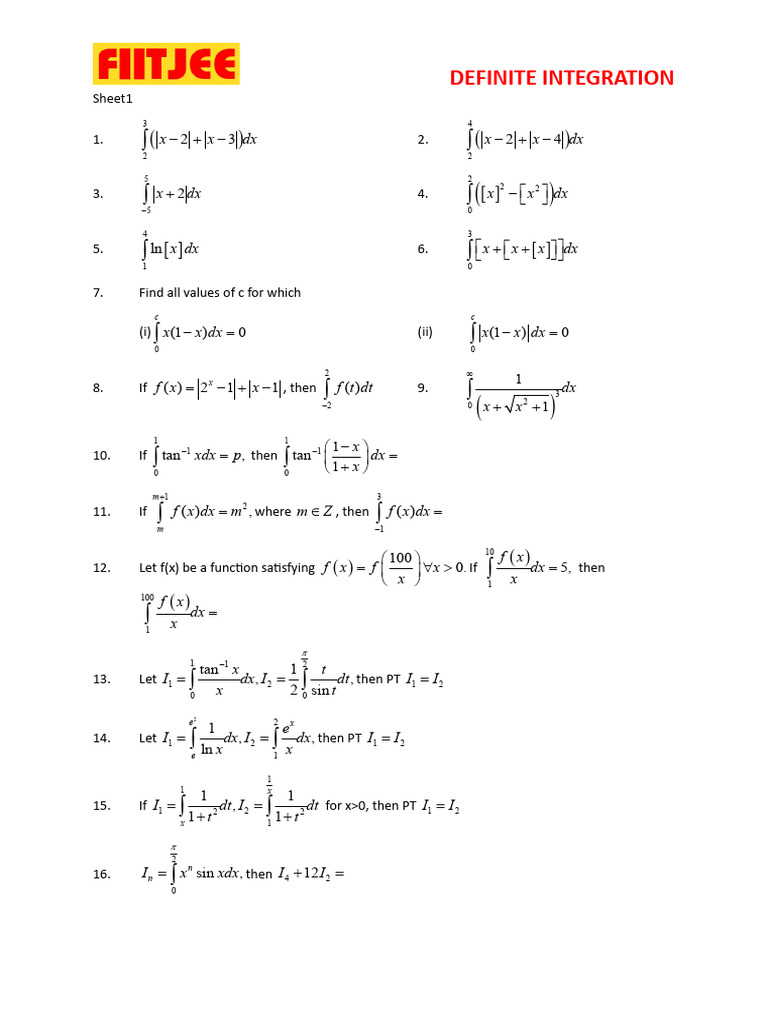 Definite Integration Pratice Sheet | PDF