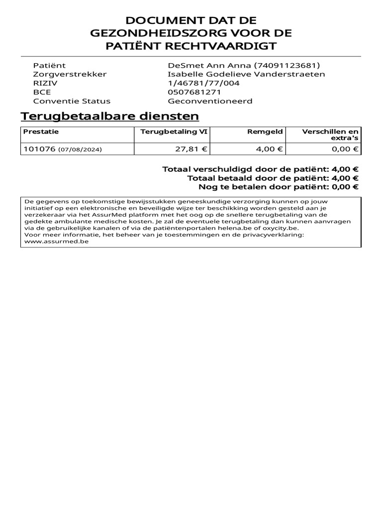 Bewijsstuk Geneeskundige Verzorging | PDF