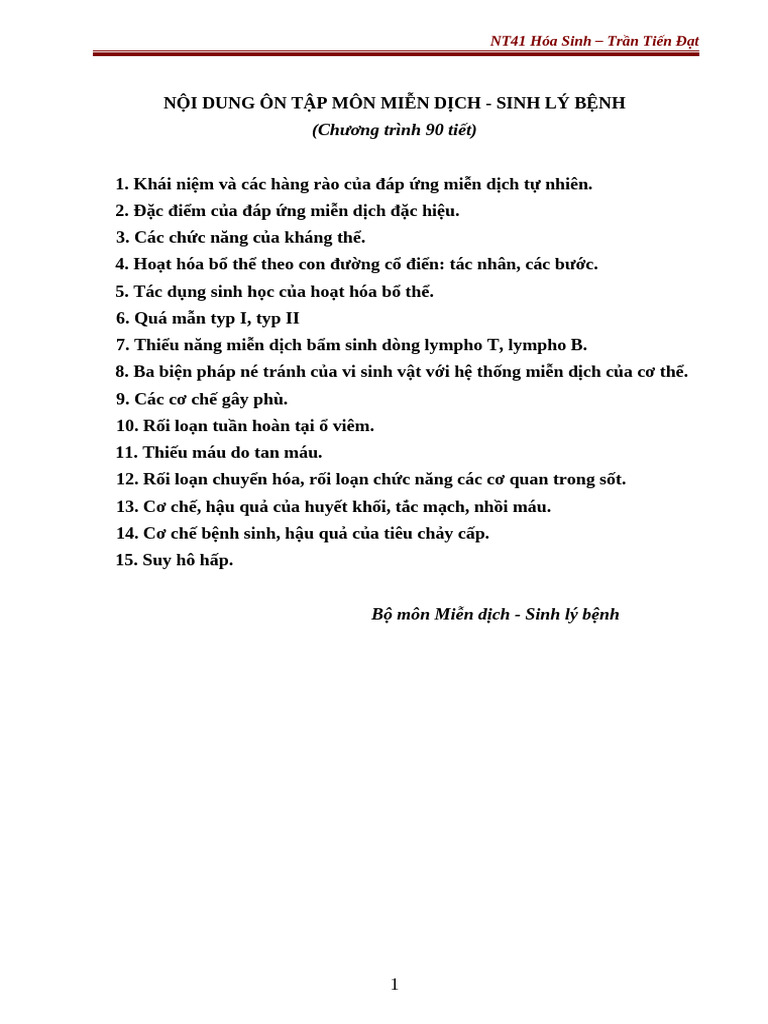 ĐỀ CƯƠNG ÔN TẬP SINH LÝ BỆNH MIỄN DỊCH | PDF