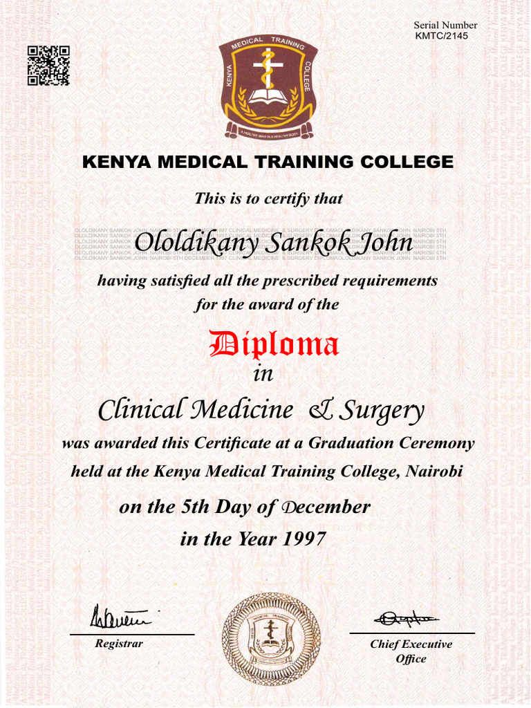 KMTC CERT- JOHN SANGKOK | PDF | Health Care | Medical Education