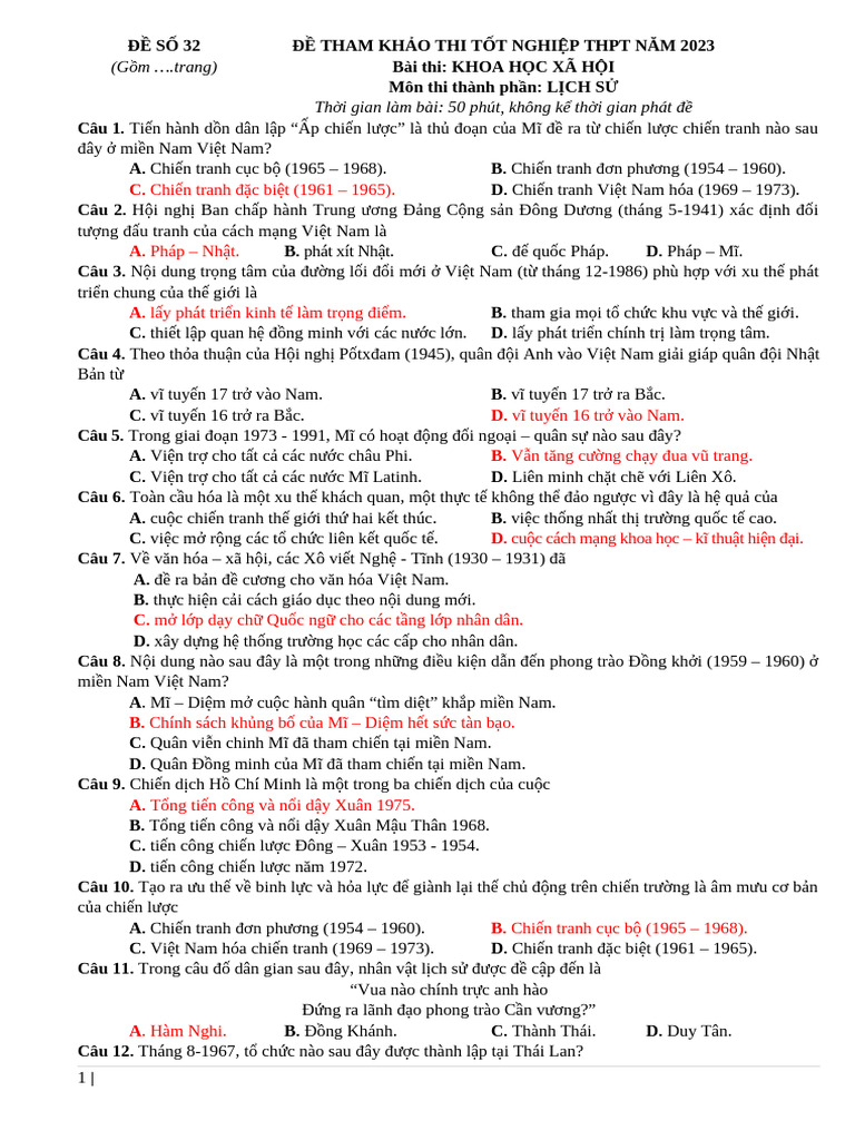 ĐỀ VIP 32 - Phát Triển Theo Đề Minh Họa Của BGD Năm 2023 - Môn Lịch Sử - Bản Word Có Giải - L23 ...