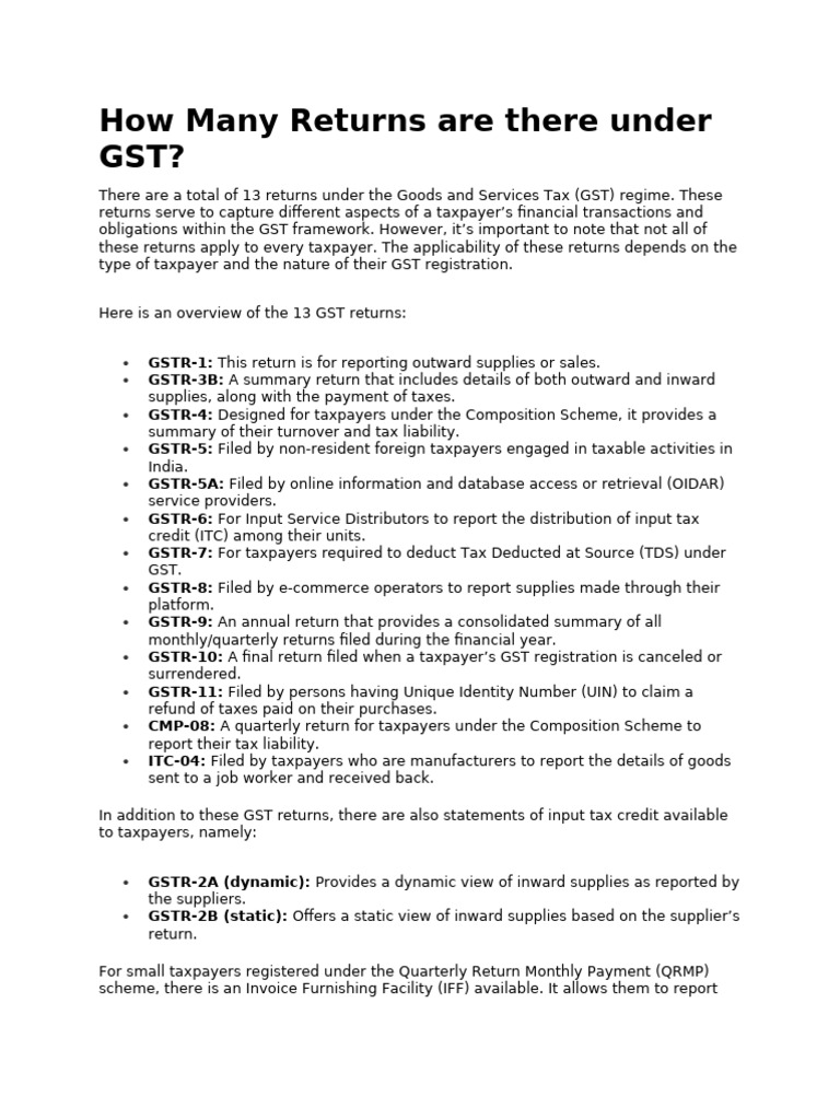 Overview of GST Returns: 13 Types | PDF | Taxes | Invoice