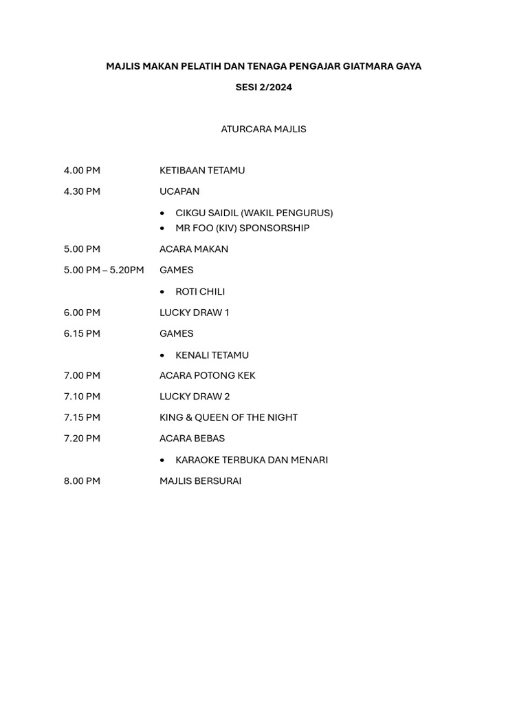 Aturcara Majlis Makan Malam Giatmara Gaya | PDF