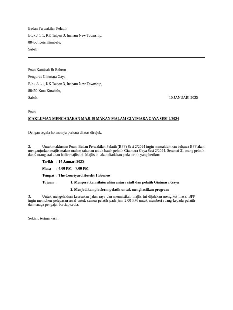 Surat Makluman Dan Permohonan Pelepasan Untuk Majlis Makan Malam Giatmara | PDF