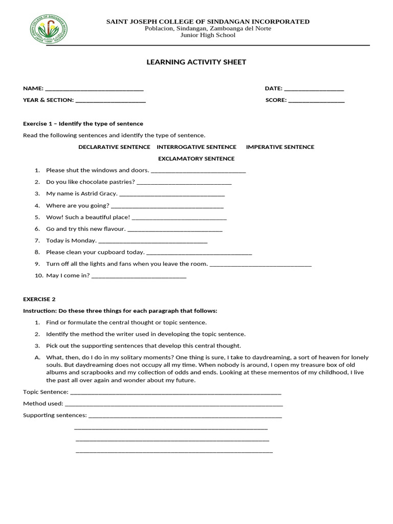Junior High School Sentence Types Worksheet | PDF | Sentence (Linguistics)