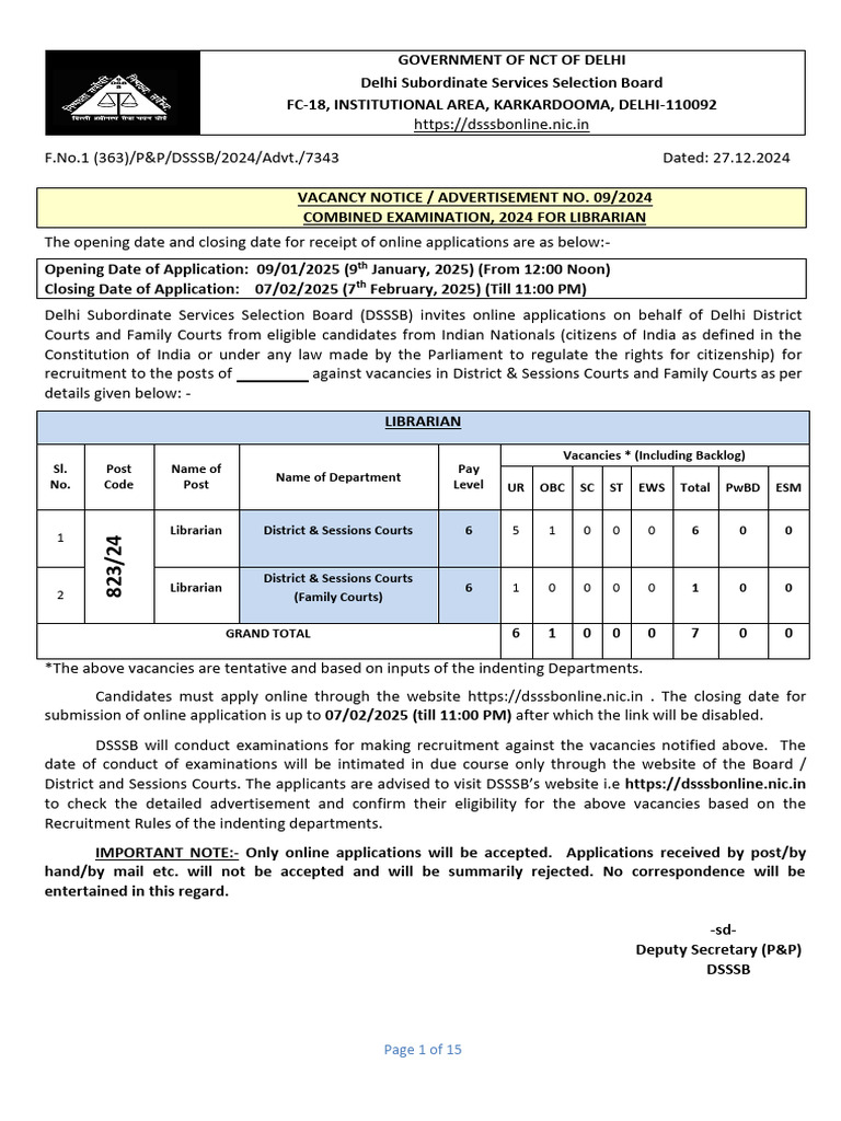 DSSSB Final Advt No 09-2024 Librarian Combined 1 | PDF | Multiple Choice