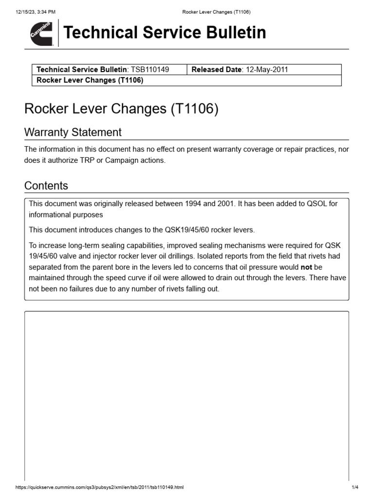 TSB110149-Rocker Lever Changes (T1106) | PDF | Vehicle Parts | Engine Technology