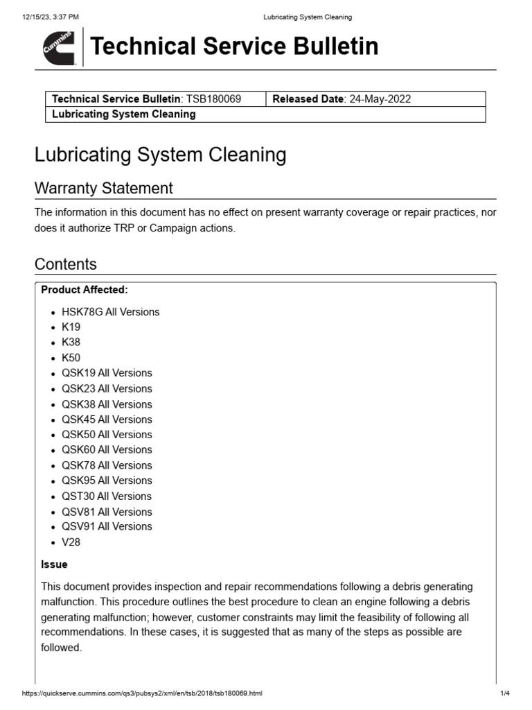 Tsb180069 Lubricating System Cleaning Pdf Bearing Mechanical