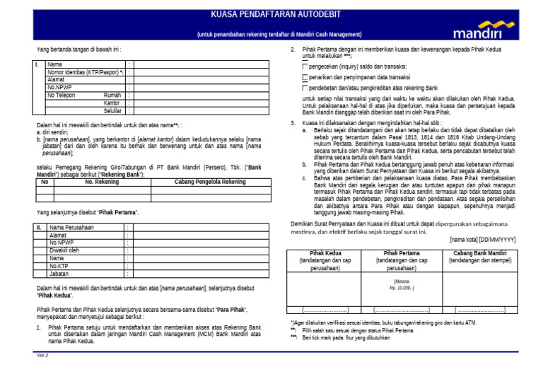 Form Kuasa Pendaftaran Rekening Autocollection H2H - Mandiri | PDF