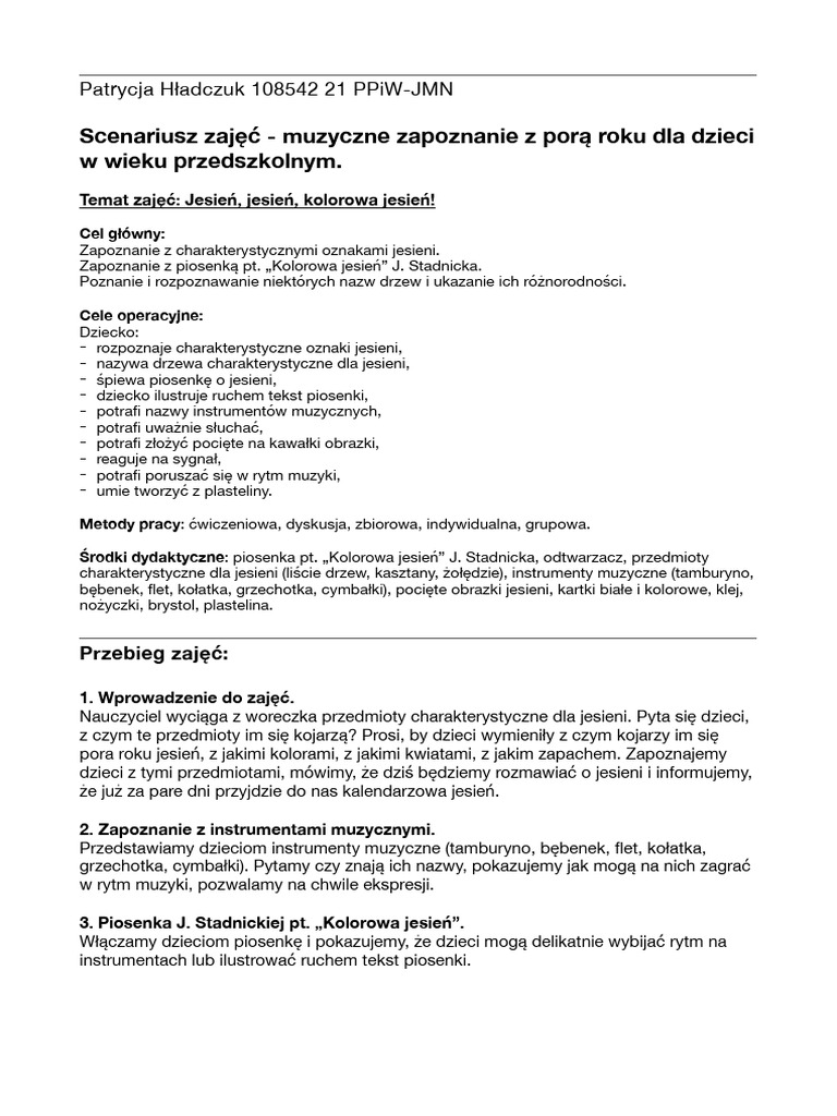 Scenariusz Zajęć - Muzyczne Zapoznanie Z Porą Roku Dla Dzieci W Wieku Przedszkolnym. | PDF