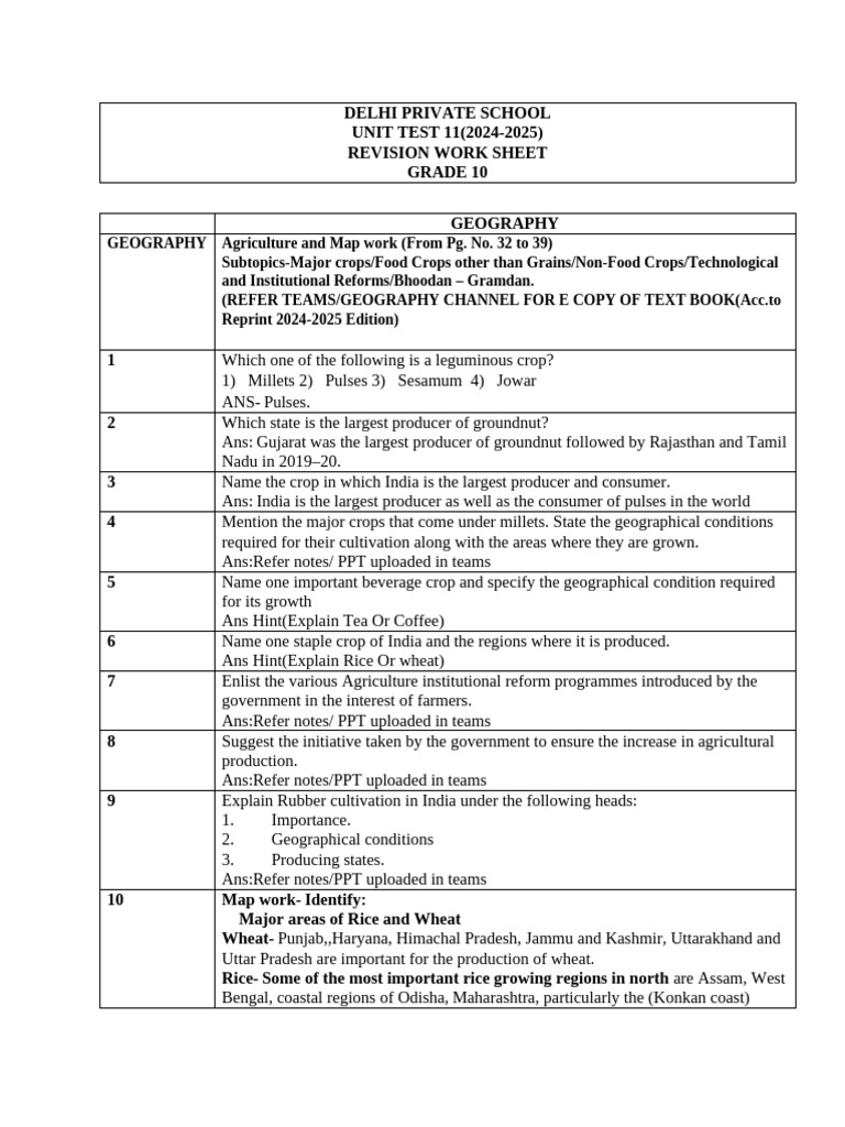 GEO - REVISION WORKSHEET - UT2 | PDF | Crops | Rice