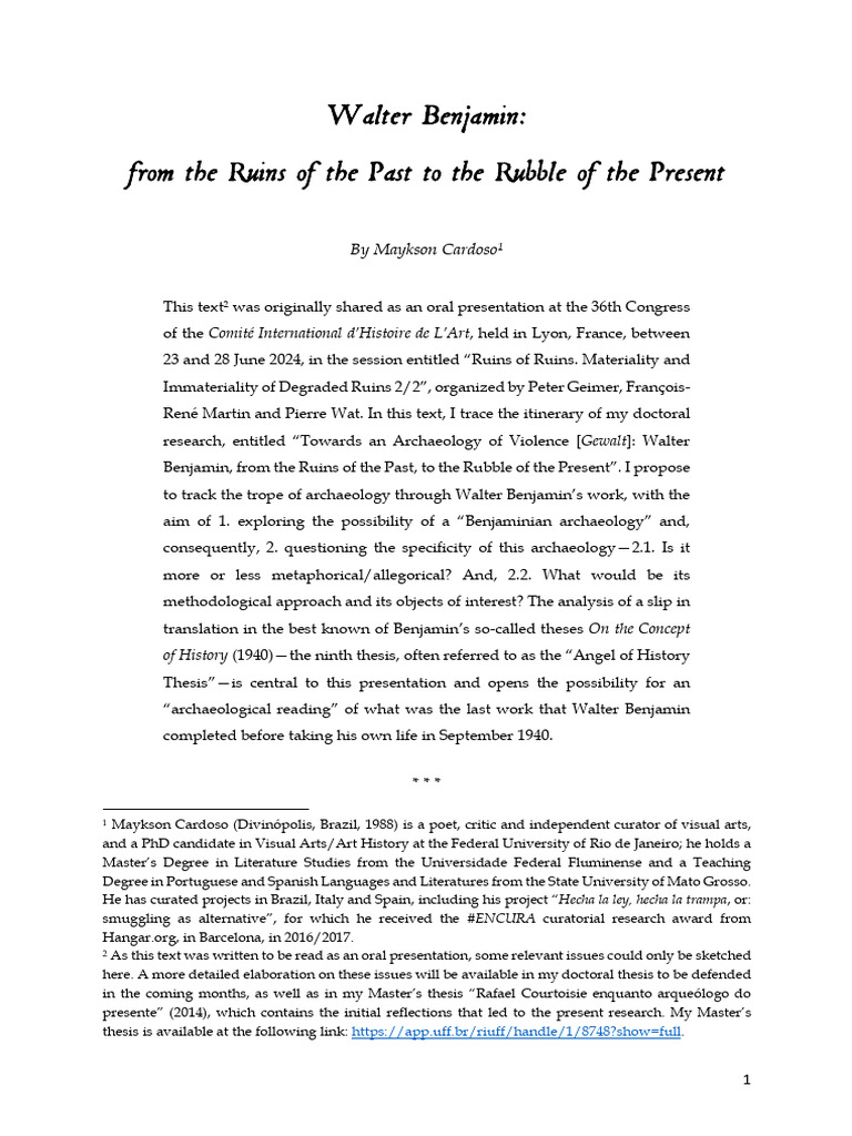 Cardoso, Maykson. Walter Benjamin, From The Ruins of The Past To The ...