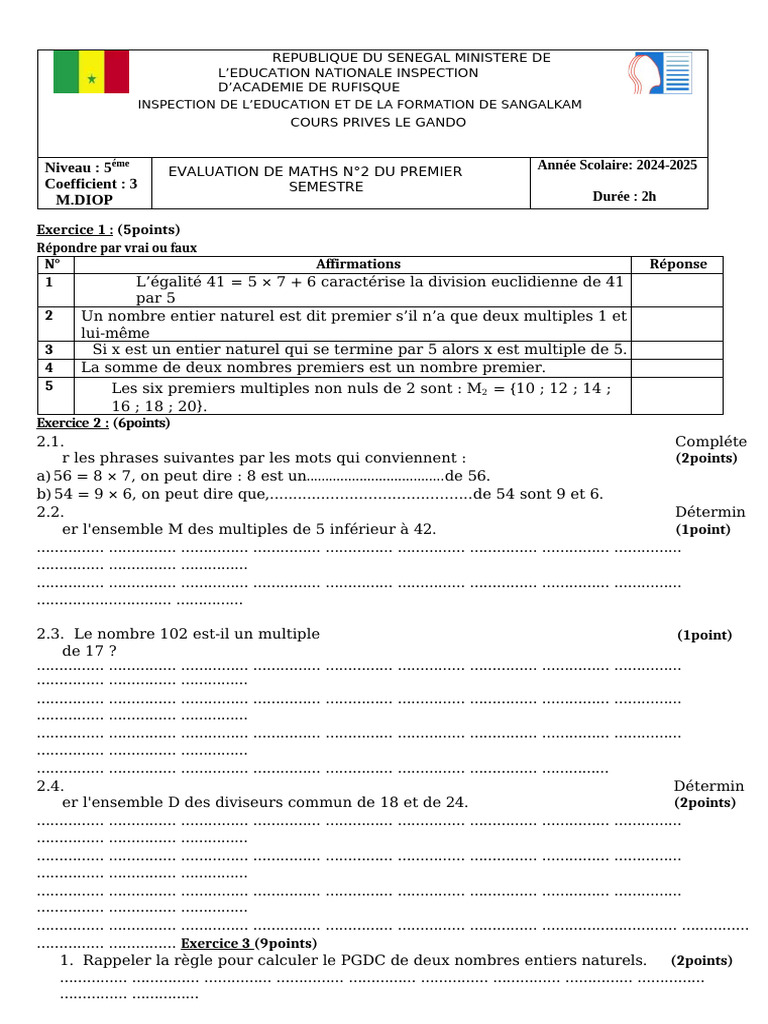Evaluation N°2 Maths 5eme 1 | PDF