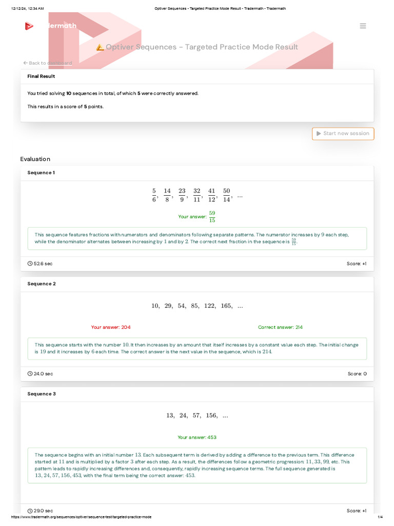 Optiver Sequences - Targeted Practice Mode Result - Tradermath ...