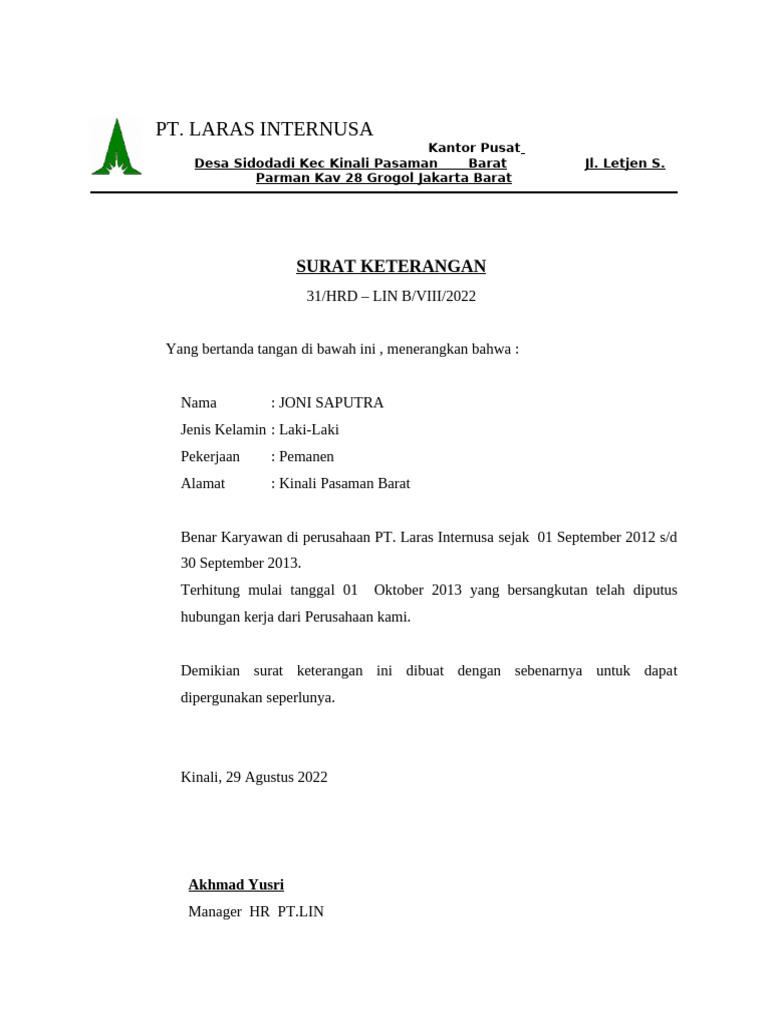 PT Surat Keterangan Joni Saputra | PDF