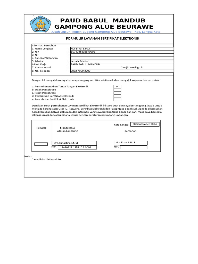 Form Layanan Sertifikat Elektronik (PAUD BABUL MANDUB) | PDF