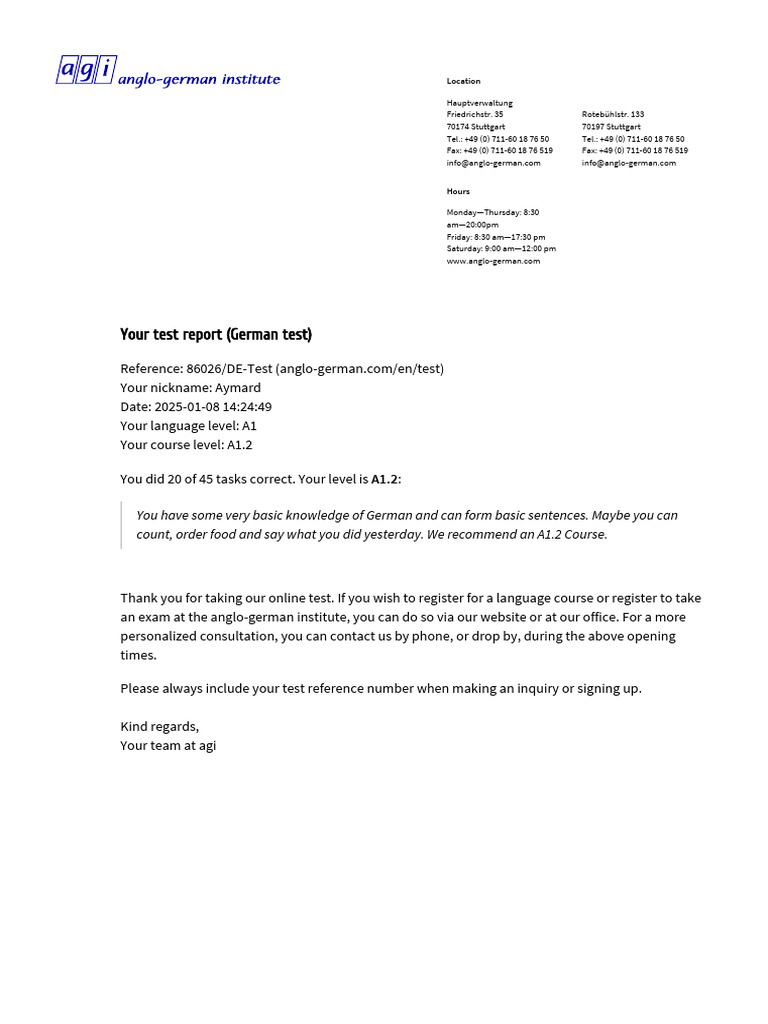 Agi Placement Test 86026 DE Test en | PDF