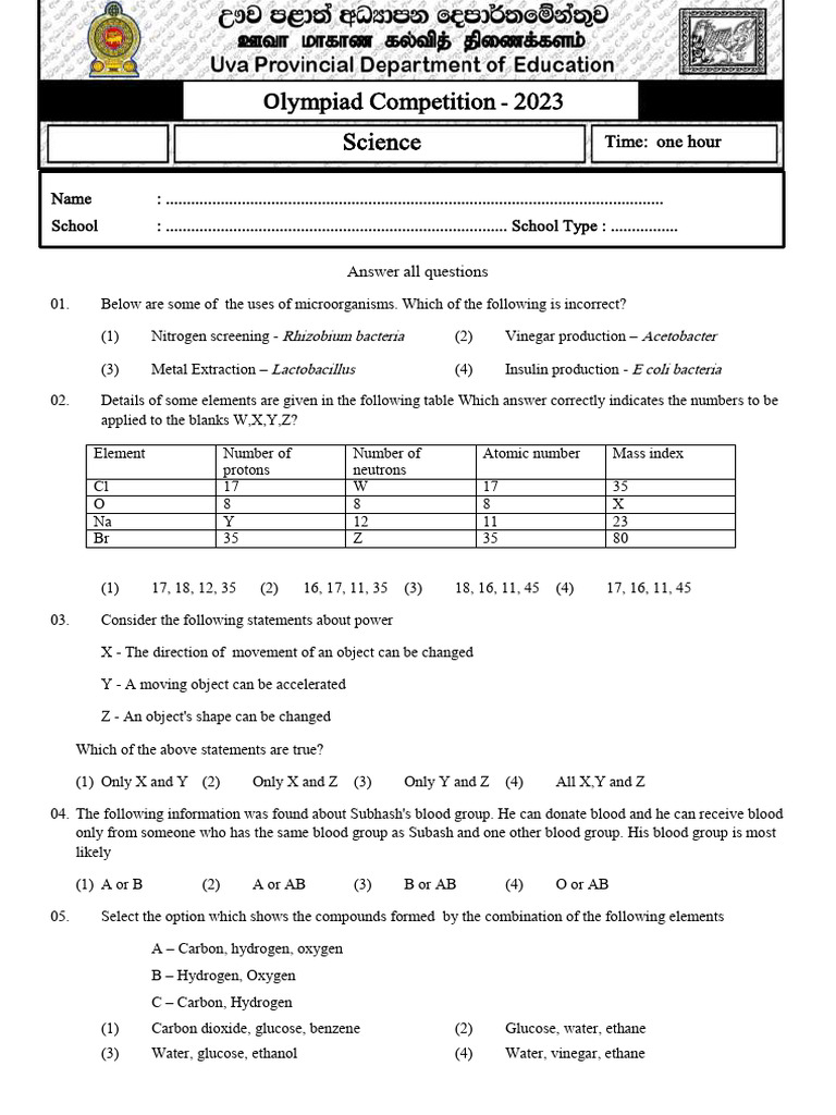 Grade 8 Science Olympiad Questions | PDF | Mixture | Combustion