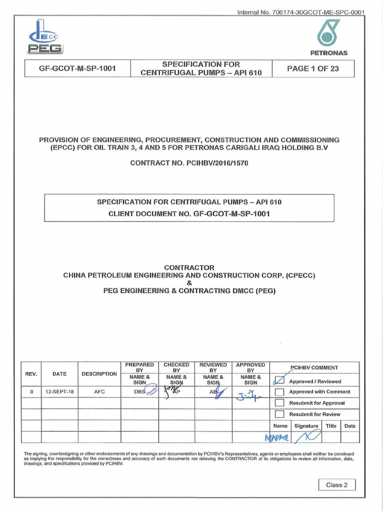 Gf-Gcot-M-Sp-1001 - 0 Specification For Centrifugal Pumps - Api 610 | PDF | Specification ...