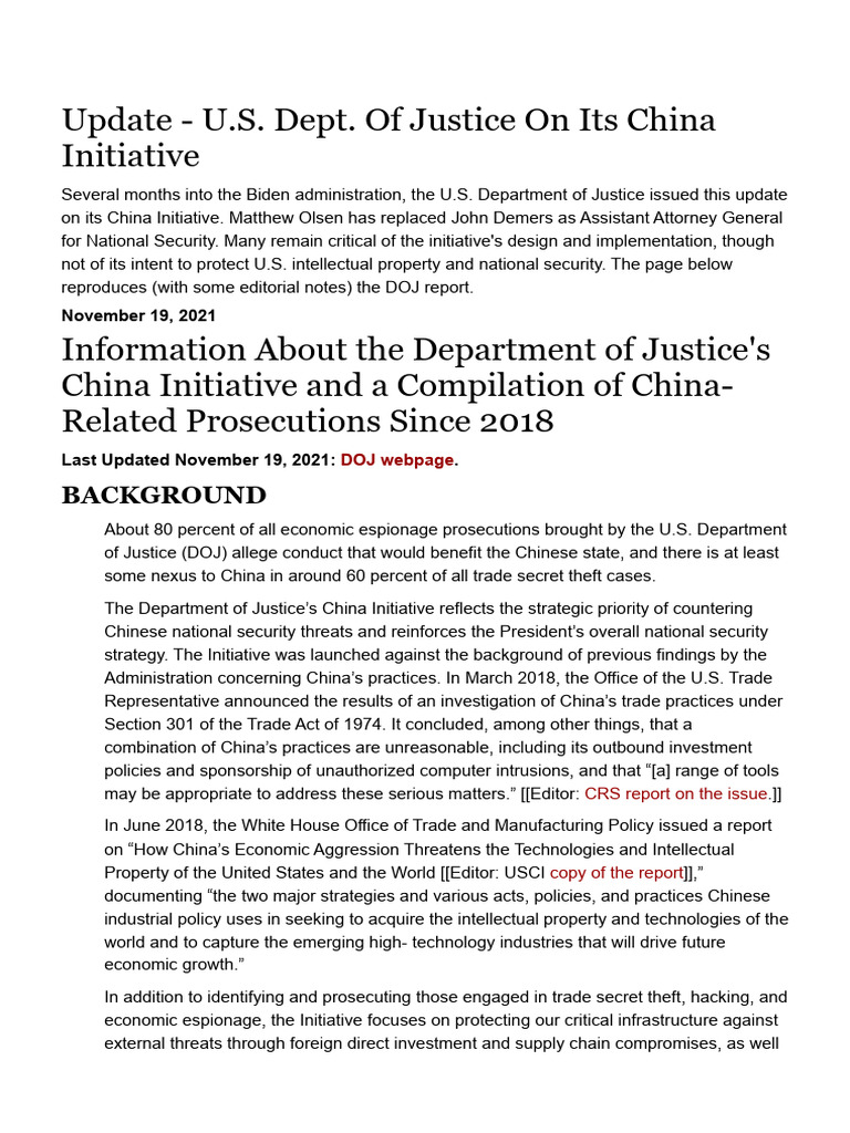 Update - U.S. Dept. of Justice On Its China Initiative - US-China ...