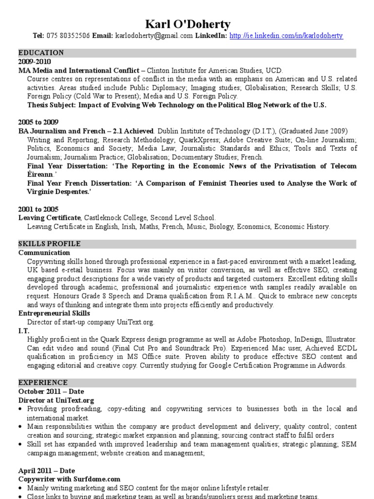 Karl O'Doherty: Media and Copywriting Expert | PDF | Copy Editing | Editing