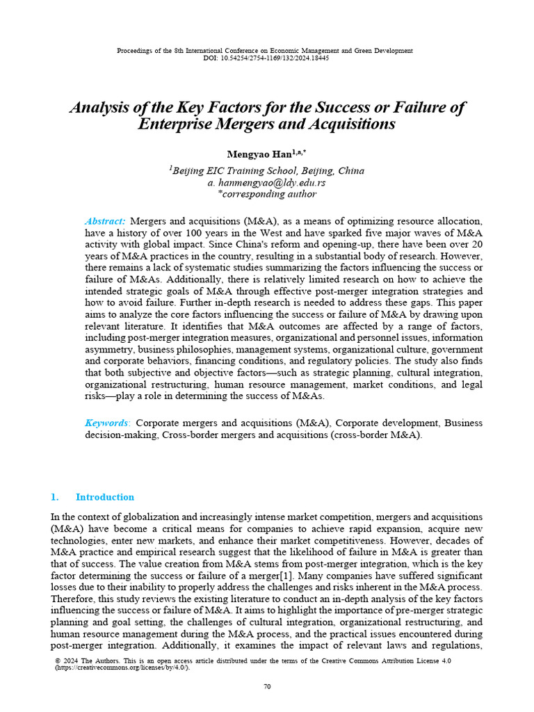 Analysis of the Key Factors for the Success or Fai | PDF | Mergers And ...