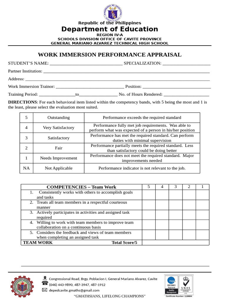 Work Immersion Performance Appraisal 2.0 | PDF | Performance Appraisal | Social Psychology