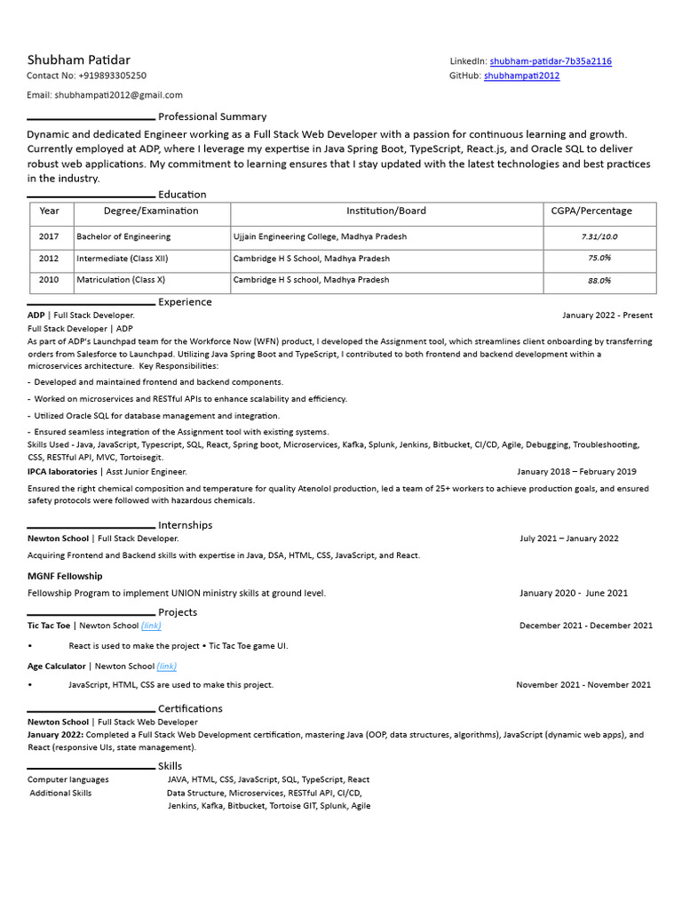Shubh Am Pat i Dar Resume | PDF | Java Script | Software