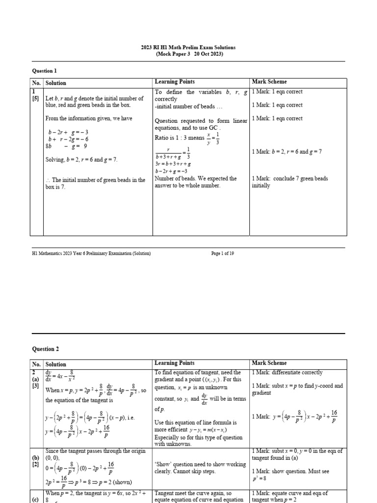 2023 RI H1 Math Prelim Solution | PDF | Quadratic Equation | Tangent