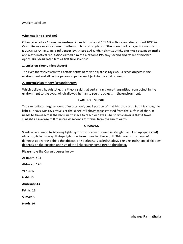 Ibn Al-Haytham Father of Modern Optics | PDF