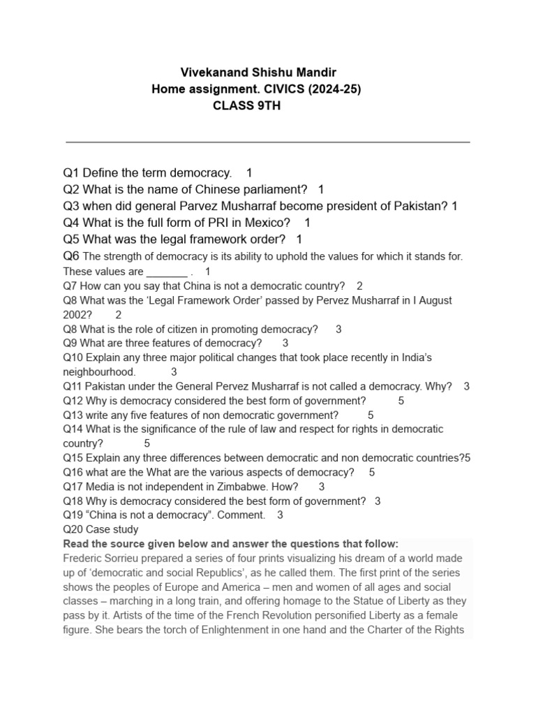 Class 9 Civics Assignment on Democracy | PDF | Government | Forms Of ...