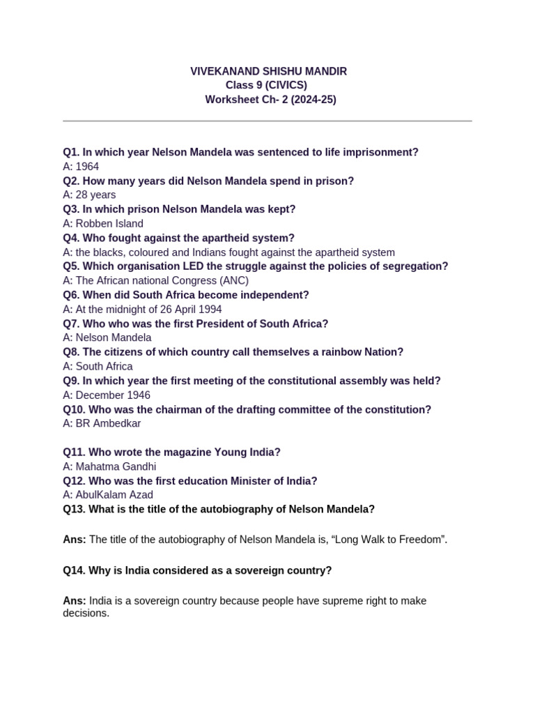 Civics Worksheet: Nelson Mandela & Apartheid | PDF