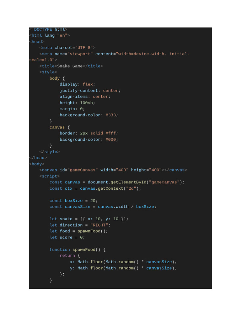 Classic Snake Game in HTML Canvas | PDF