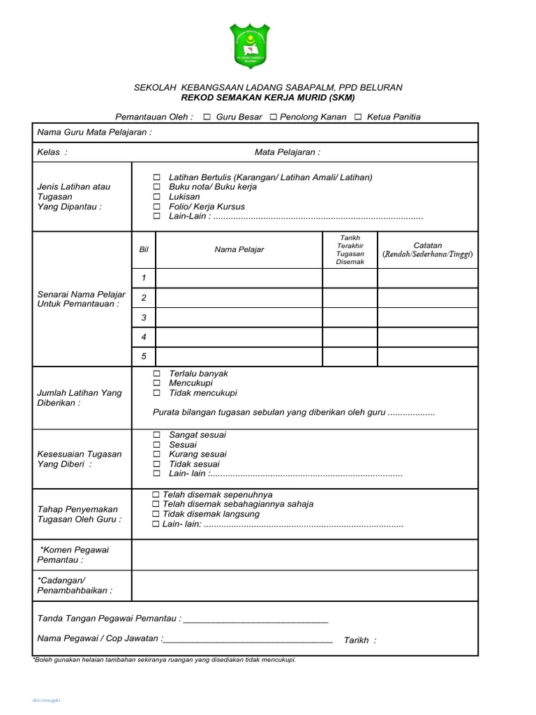 Borang Semakan Buku Latihan Murid | PDF