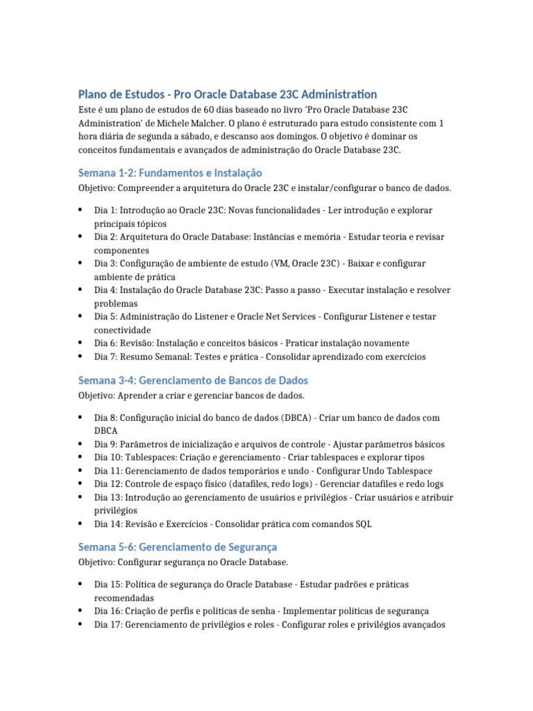 Plano de Estudos PRO ORACLE DATABASE 23C Administration | PDF | Cópia ...