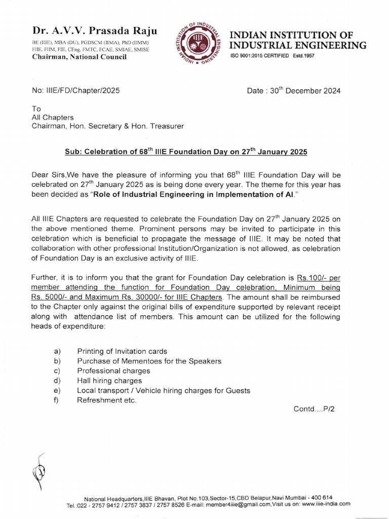 IIIE 68th Foundation Day Letter by Chairman | PDF