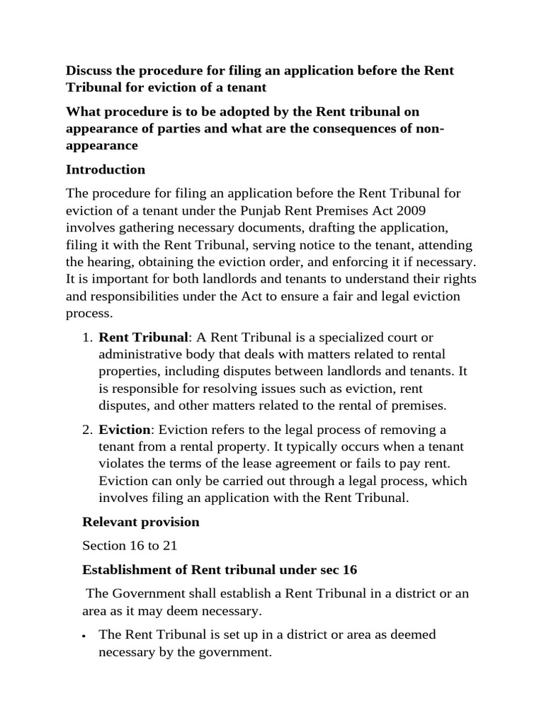 Discuss the procedure for filing an application before the Rent ...
